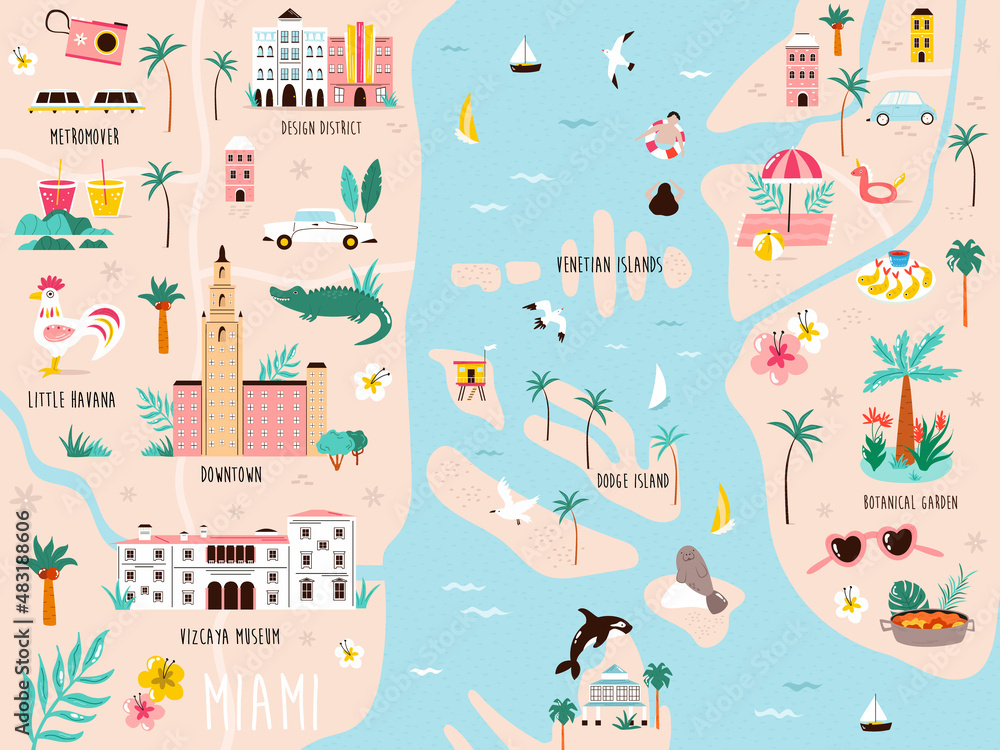 Vector illustration of map of Miami with streets, symbols, famous ...
