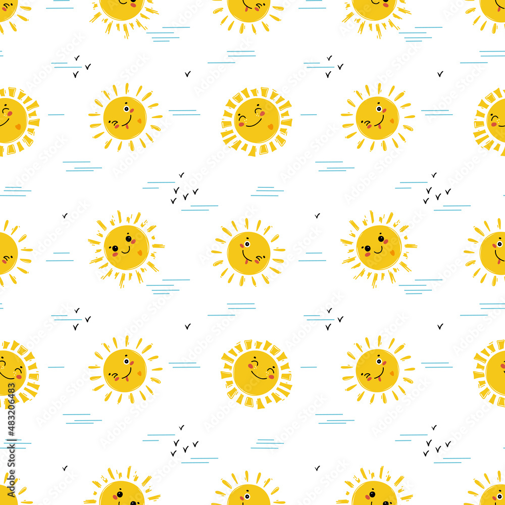 Sky Childish Background with Cute Sun Faces. Happy Sunshine Doodle ...