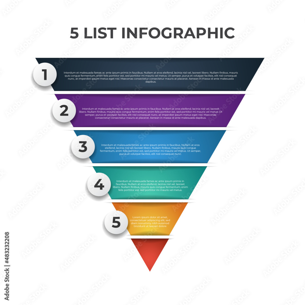 upside down pyramid infographic element with 5 list, options, levels ...