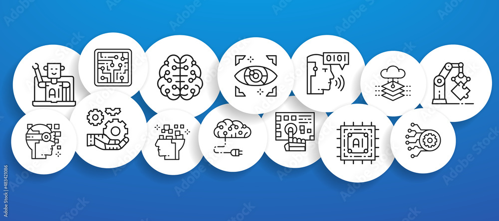 Artificial Intelligence banner with line icons. Robotics, Chatbot, Database, Big Data ...