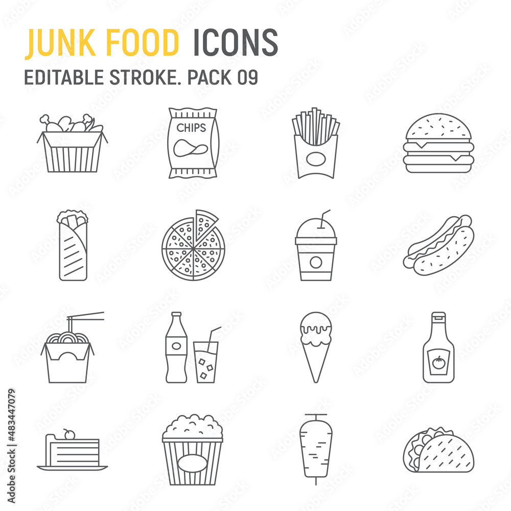Junk food line icon set, fast food collection, vector graphics, logo ...