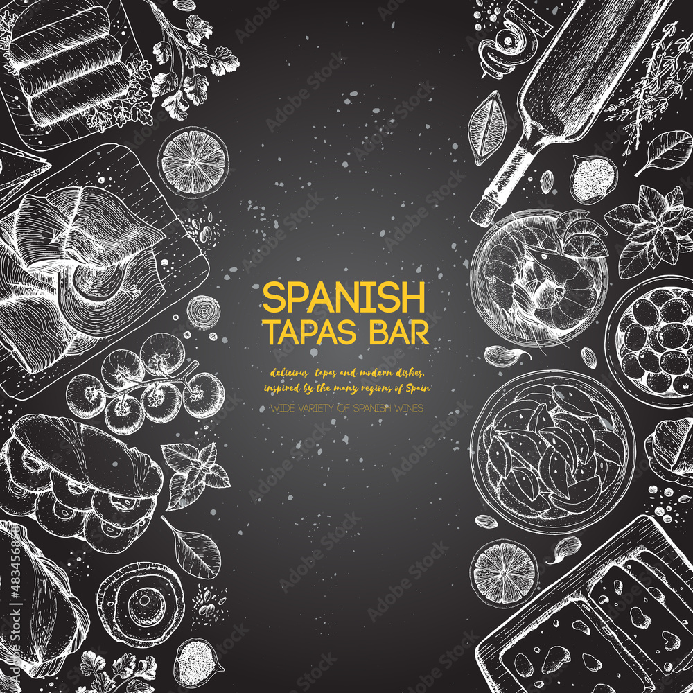 Stock-Vektorgrafik „Spanish tapas, top view. Food menu design template ...