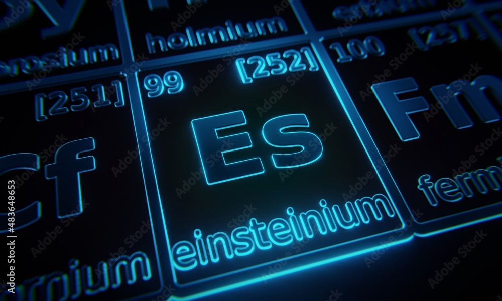 Focus on chemical element Einsteinium illuminated in periodic table of ...