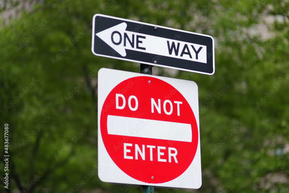 'Do not enter' and 'One way' road signs in New York, Manhattan, USA ...