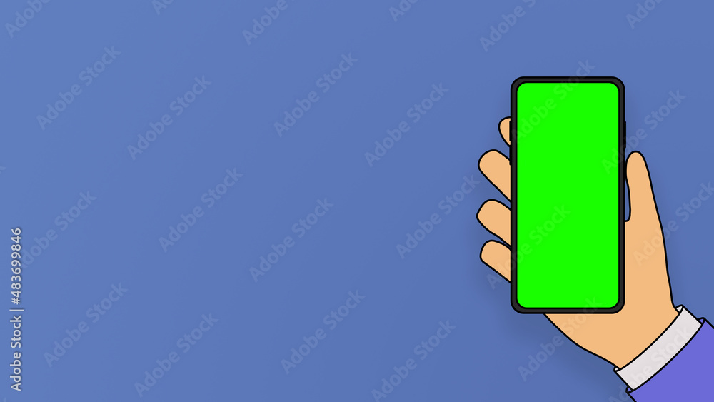 Cartoon hand hold smartphone. Green screen chromakey mockup on isolated ...