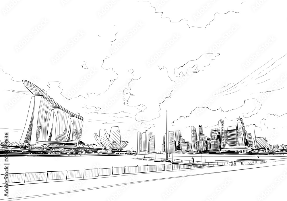 Singapore. Marina Bay Sands. Unusual perspective hand drawn sketch ...