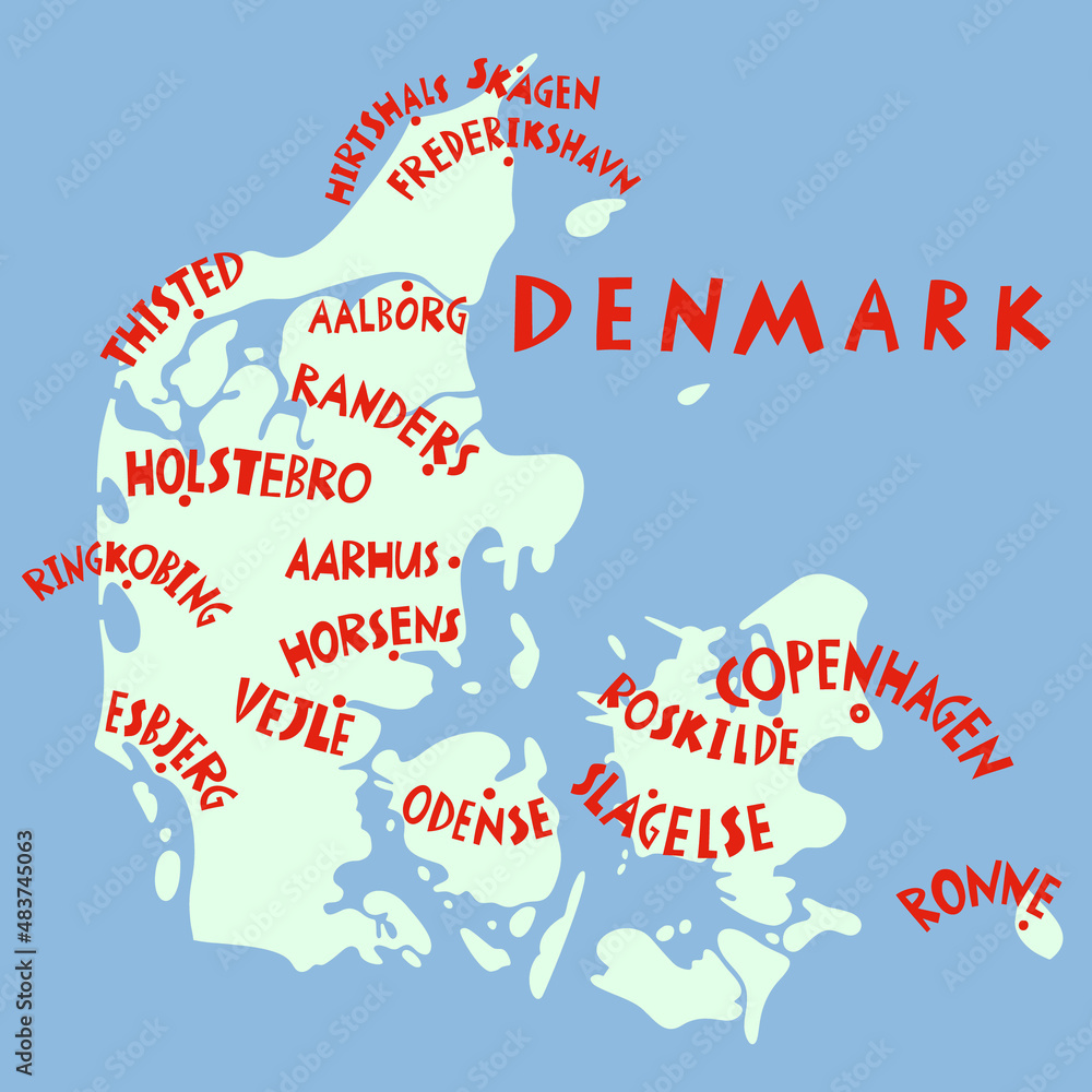Vector hand drawn stylized map of Denmark cities. Travel illustration ...