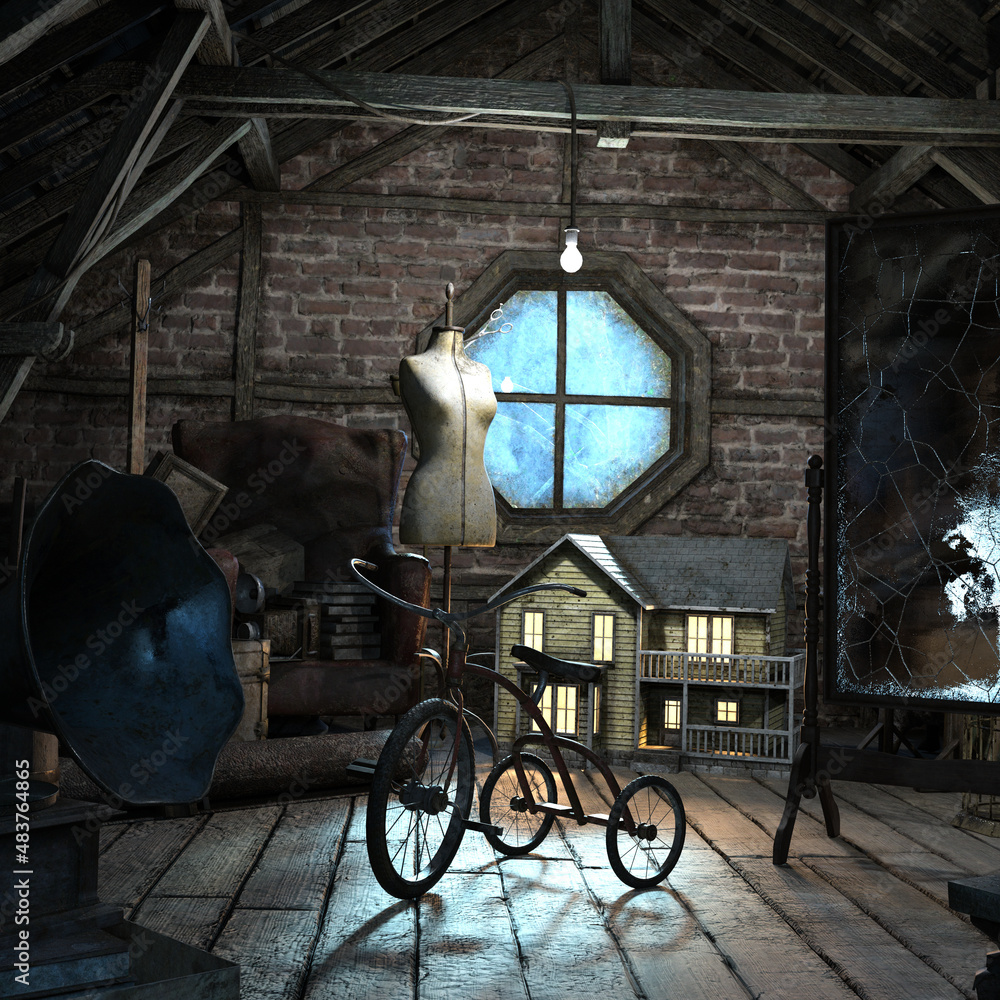 Attic in the dark and scary house of terror, 3D illustration Stock ...