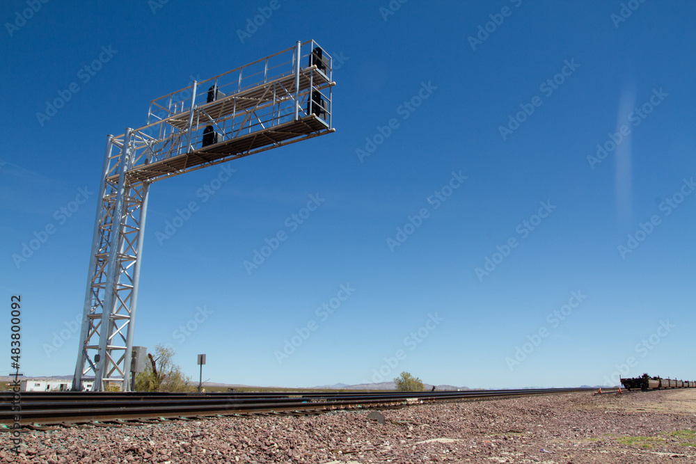 tall aluminum tower of solar powered rail traffic light colored signals ...