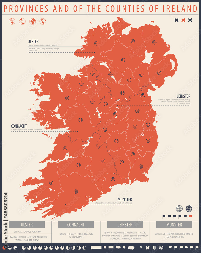 Infographics map of Ireland with administrative divisions into ...