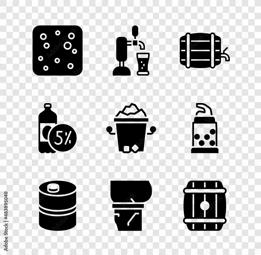 Set Beer bubbles, tap with glass, Wooden barrel on rack, Metal beer keg ...