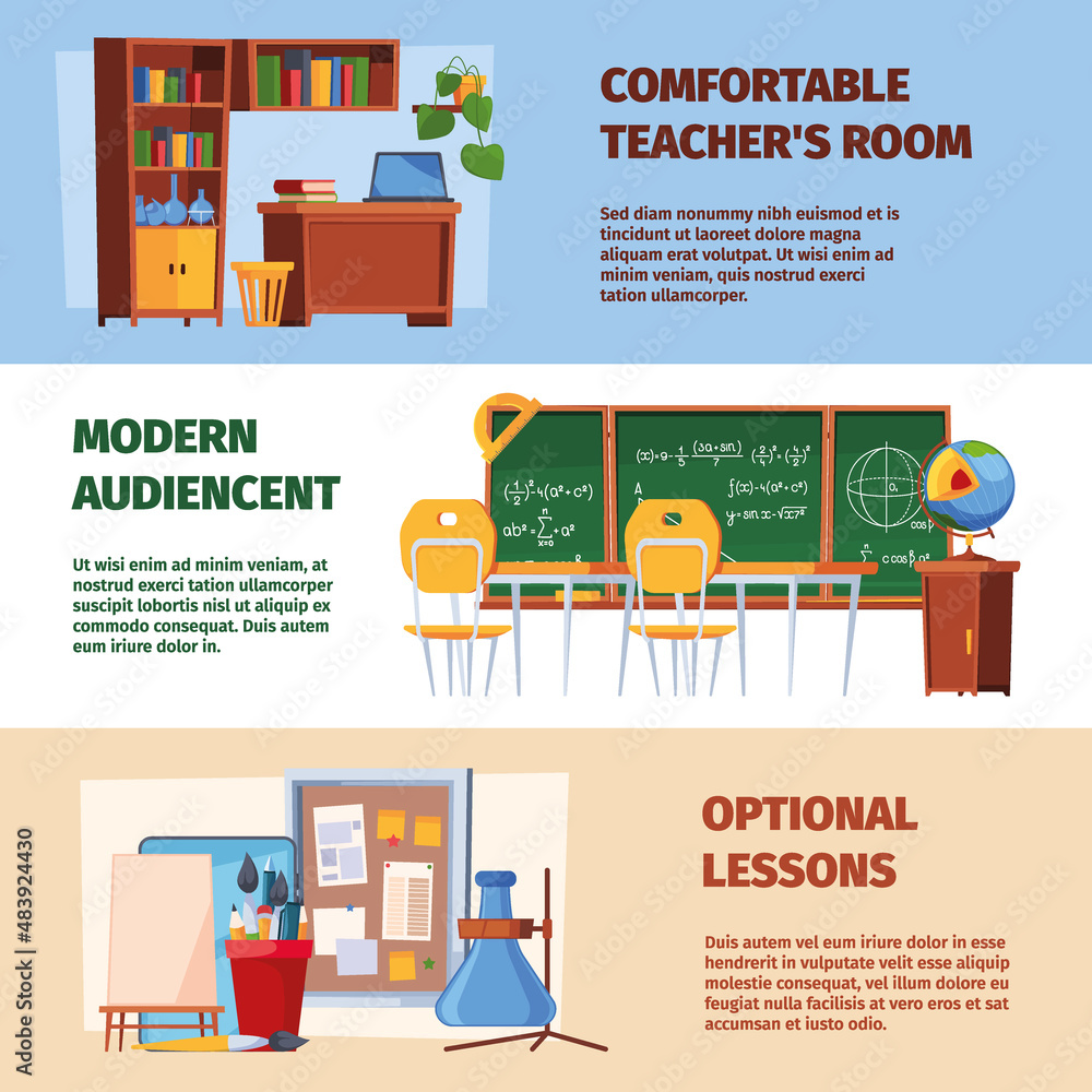 School banners. Education furniture chalkboards and desks for students ...