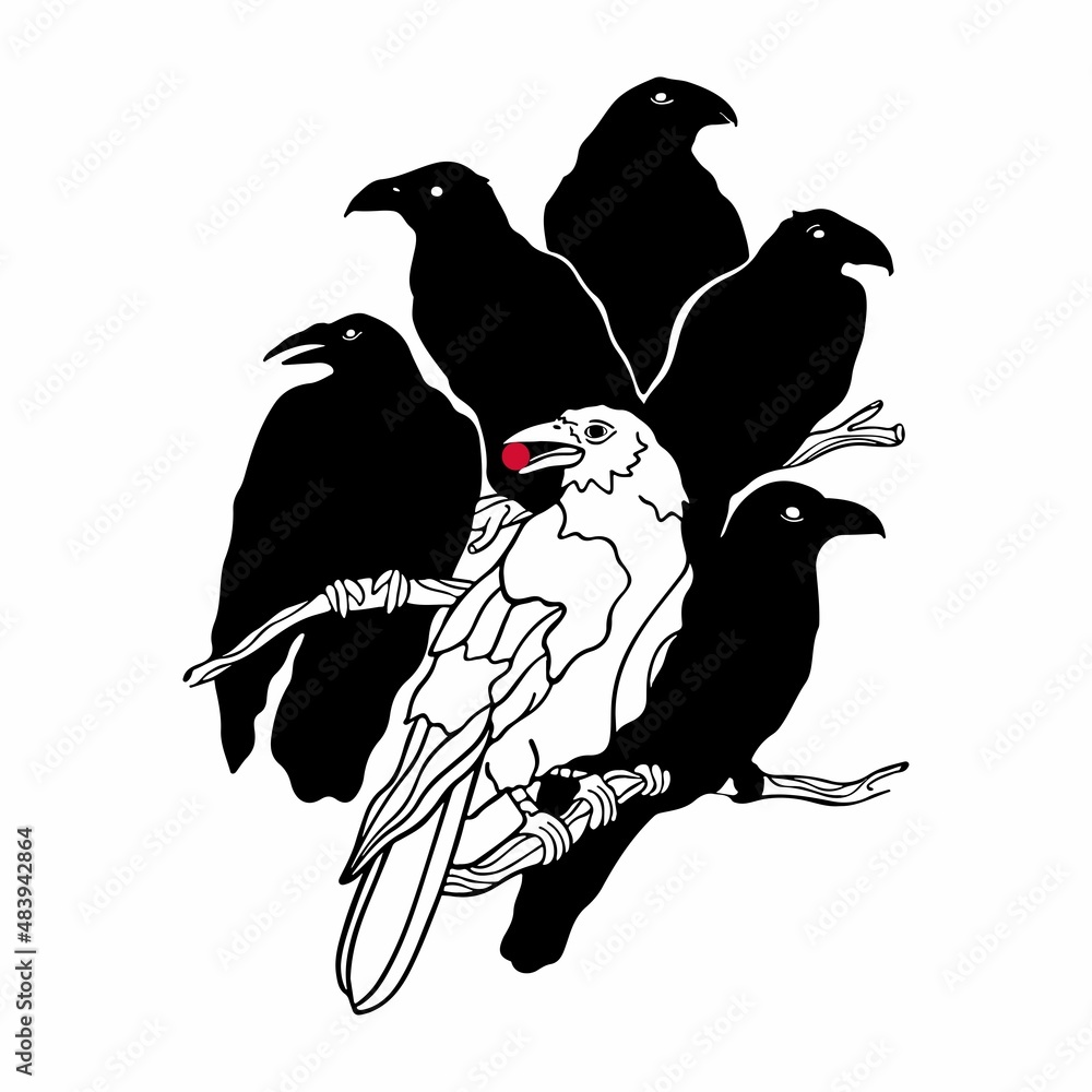 Vector illustration of a flock of crows sitting on tree branches. One ...