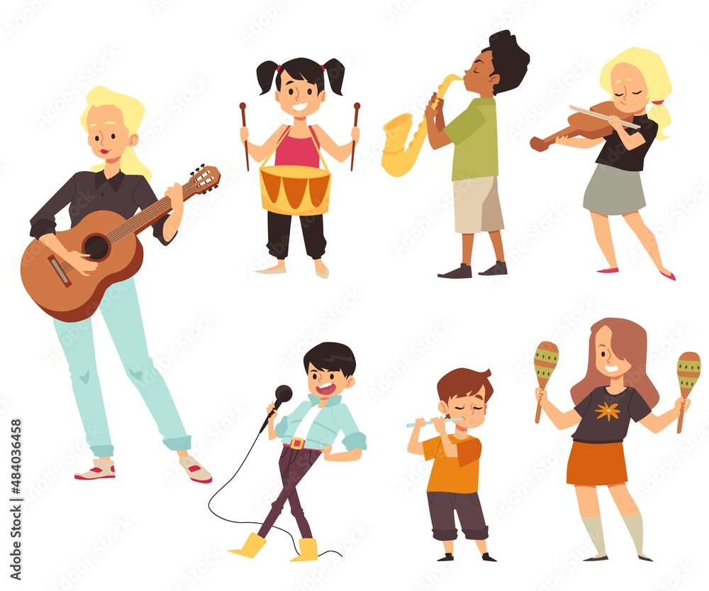 Music class or lesson with children and teacher play instruments, flat ...