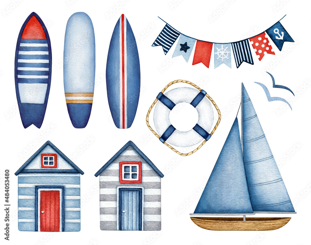 Watercolor Nautical set. Sailboat, Lighthouse, Beach Houses, Surfing ...