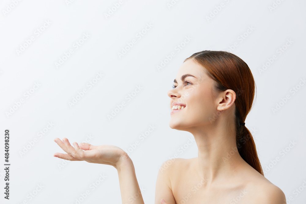 beautiful woman bare shoulders pure skin glamor light background Stock ...