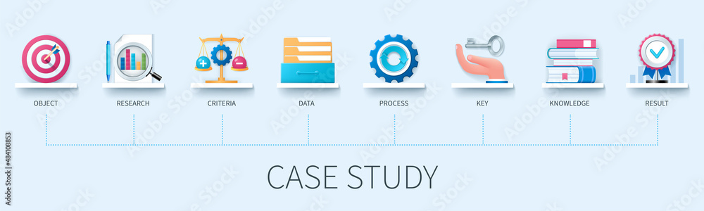 Case study concept with icons. object, research, criteria, data ...