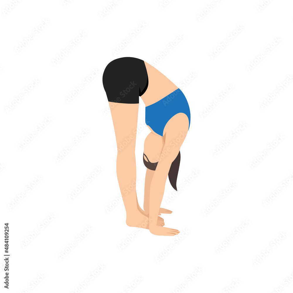 Woman doing standing forward bend pose uttanasana exercise. Flat vector ...