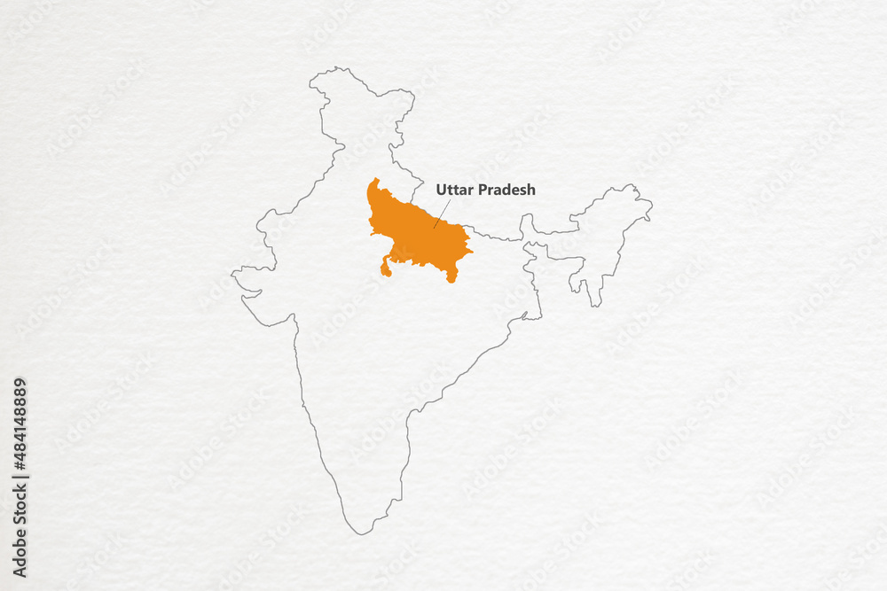 Uttar Pradesh state highlighted with orange color on Indian map on ...