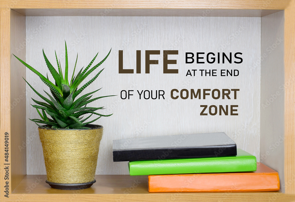 Motivational quote - LIFE BEGINS AT THE END OF YOUR COMFORT ZONE. Shelf ...