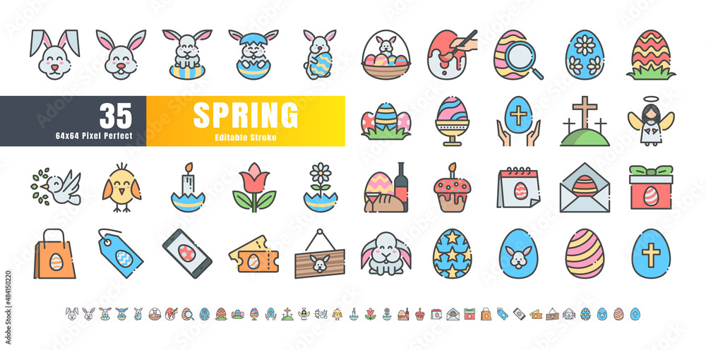 64x64 Pixel Perfect. Easter Day Set. Filled Color Line Outline Icons ...