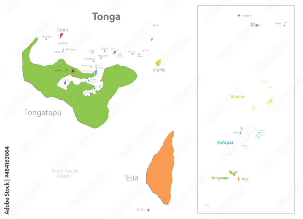 Tonga map, administrative division, separate regions with names, color ...