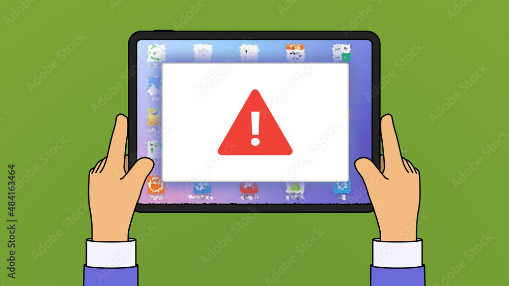 Cartoon male hands hold tablet on green gradient background, pop up ...