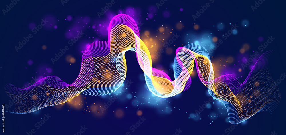 3d particles mesh array, sound wave flowing over dark background ...