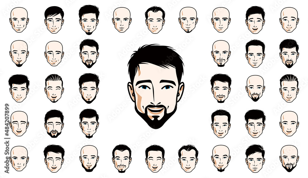 Handsome men faces and hairstyles heads vector illustrations set ...