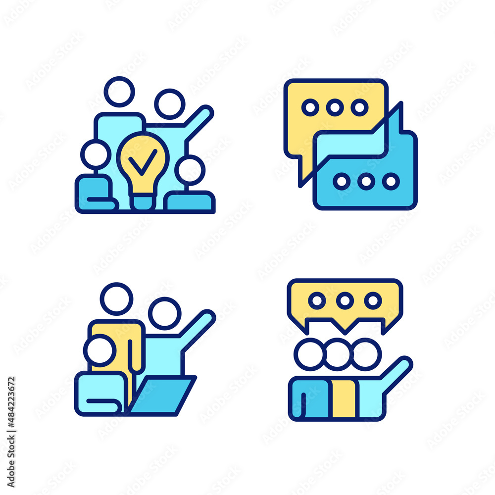 Group tasks pixel perfect RGB color icons set. Sharing opinions ...