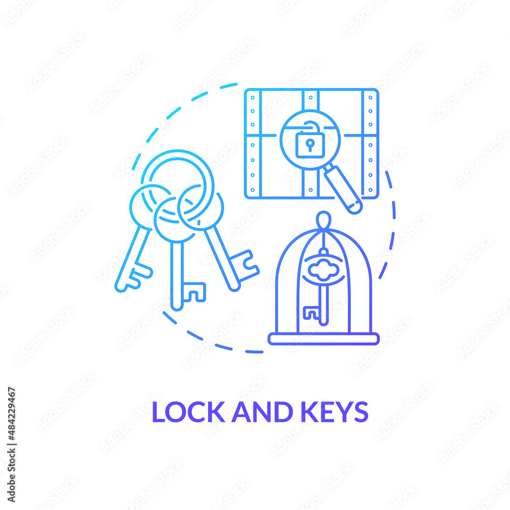 Lock and keys blue gradient concept icon. Escape room attribute ...