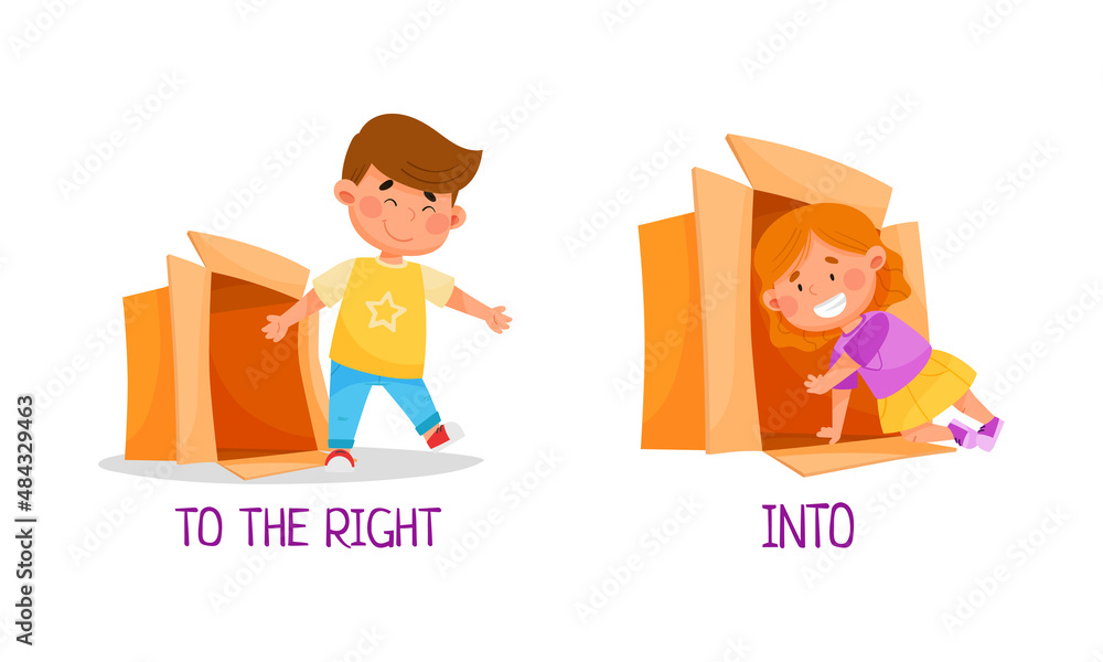 Preposition of place with boy standing to the right and into box ...