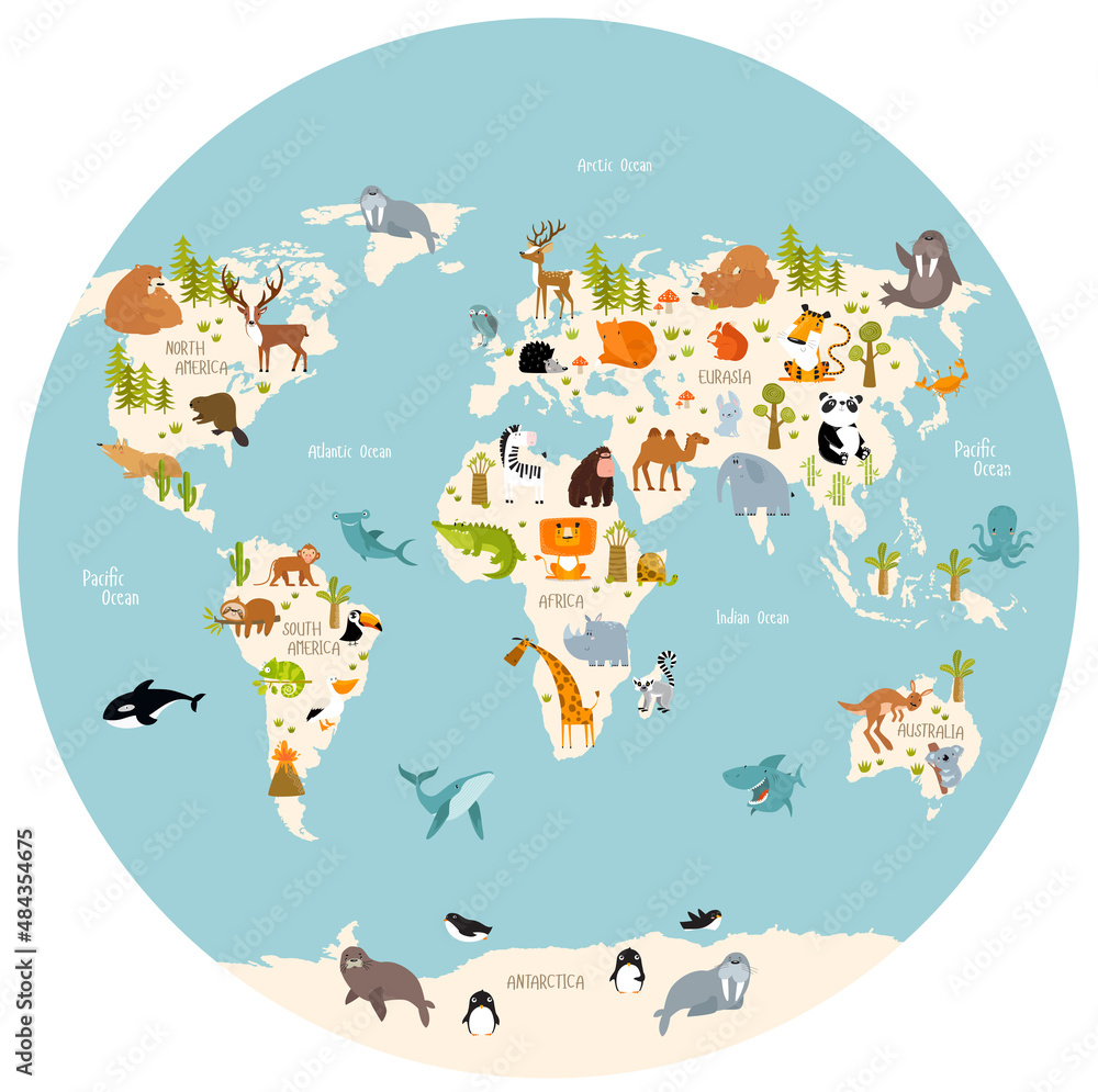 Print. Vector map of the world with cartoon animals for kids. Eurasia ...