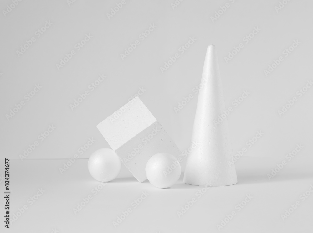3D composition of geometric shapes. White cones, spheres, square podium ...