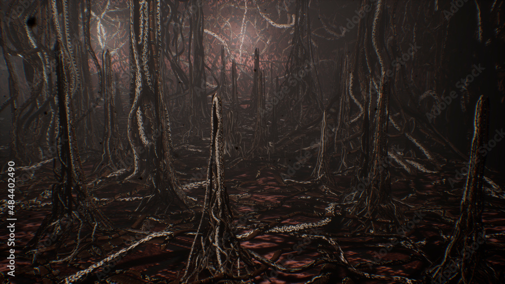 A nightmarish alien cave inhabited by unexplored and creepy creatures ...