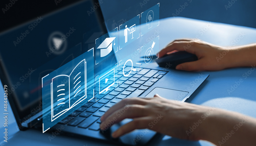 E-learning concept. Student learning online with video tutorial ...