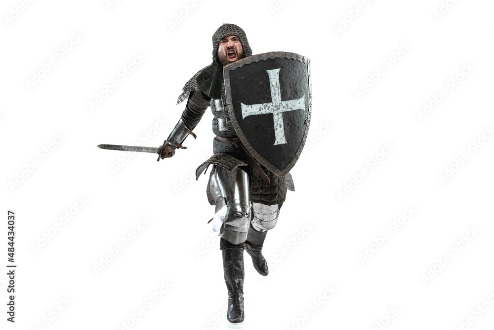 Portrait of brutal seriuos man, medieval warrior or knight with dirty ...