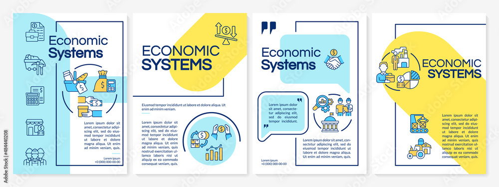 Economic system guideline blue, yellow brochure template. Commerce ...