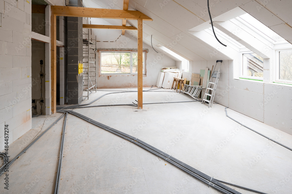 bright, friendly, modern loft construction site drywall without people ...