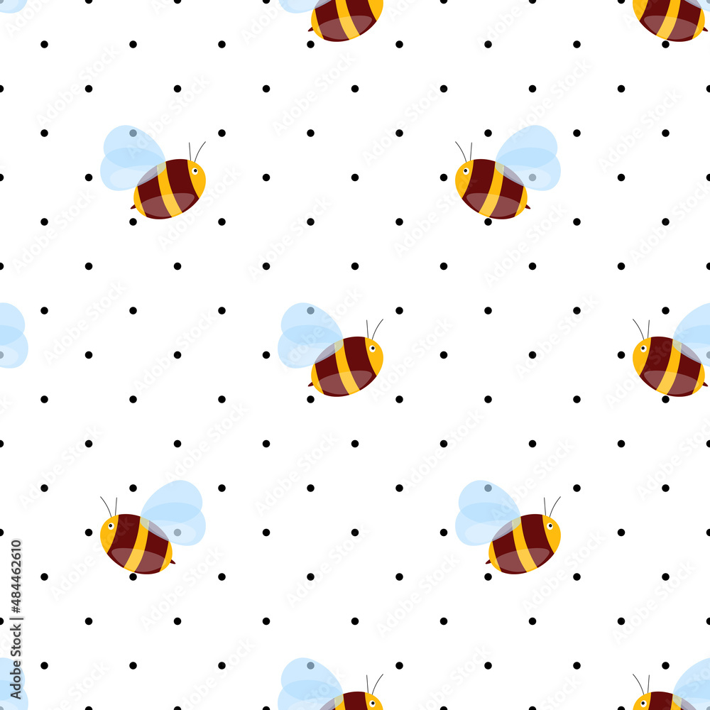 Seamless pattern with bees on white polka dots background. Small wasp ...