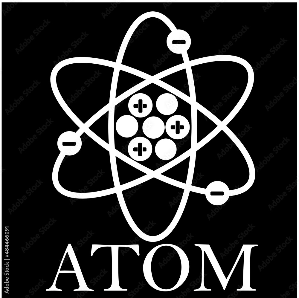 Atomic nucleus icon structure. Around the atom, gamma waves, protons ...