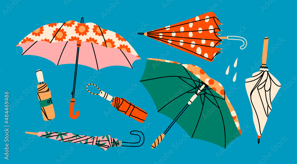 Set of different Umbrellas in various positions. Open and folded umbrellas. Various prints. Hand ...