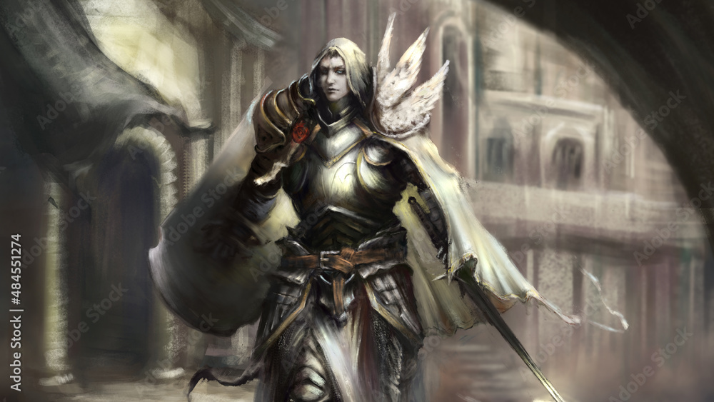 A holy paladin warrior in light heavy armor with a shield and a sword ...