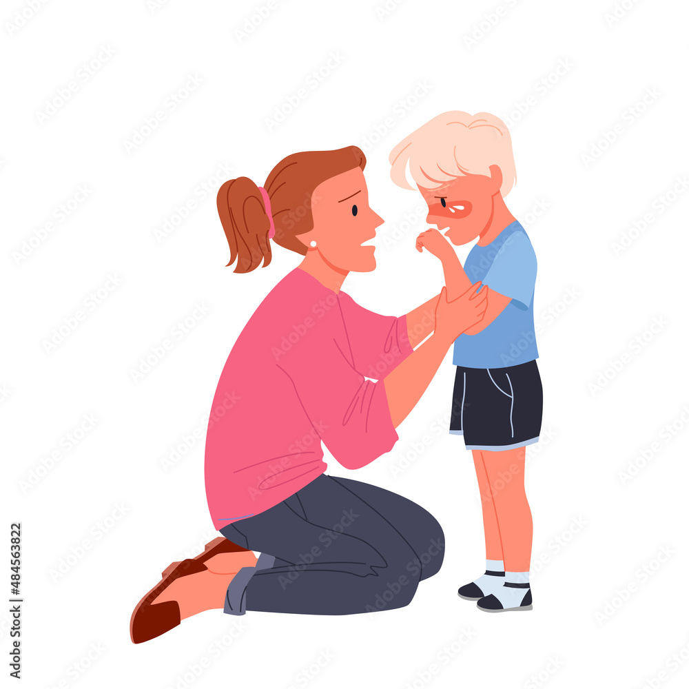 Scene of mother calming down her little upset crying boy. Mommy care and support sad child, kid ...