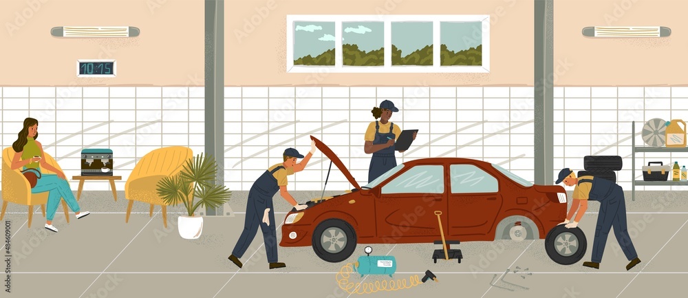 Vektor Customer waiting for her car in auto mechanic shop. Car repair ...