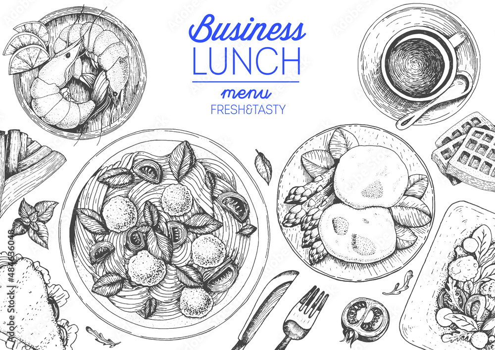 Business lunch top view frame. Food menu design. Vintage hand drawn ...