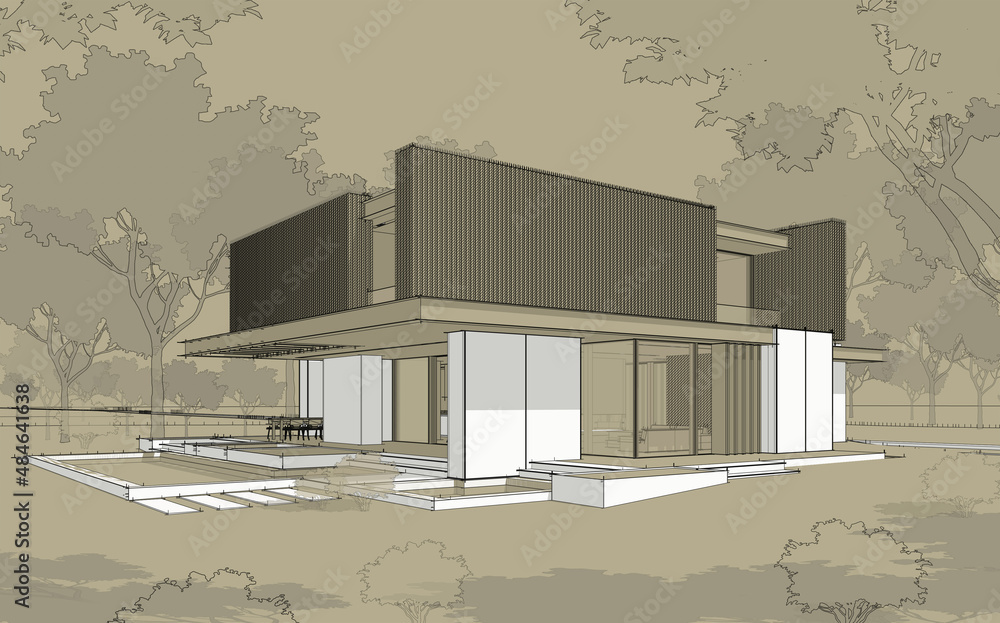 3d rendering of modern cozy house with parking and pool for sale or ...