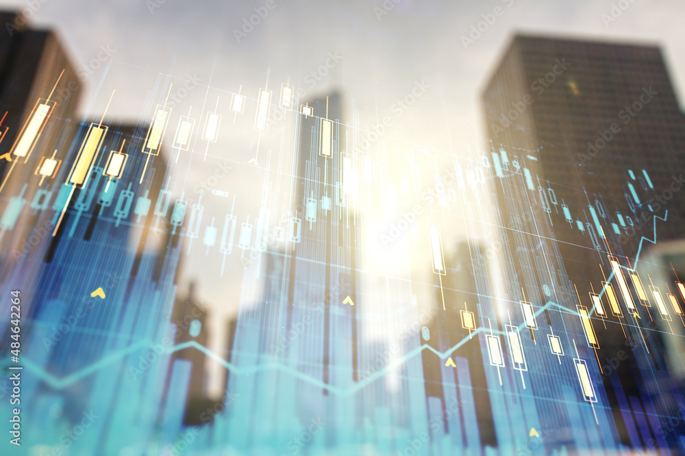 Double exposure of abstract financial diagram on office buildings ...