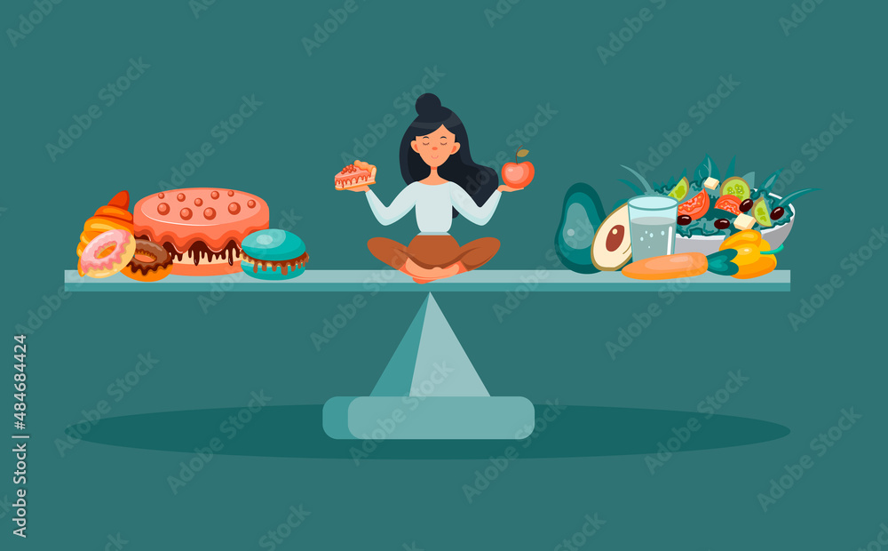 The girl balances on the scales between healthy and junk food. Healthy ...