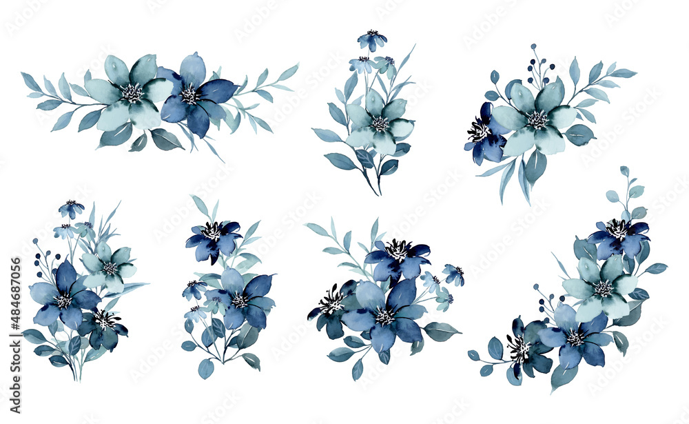 Watercolor blue floral arrangement collection Stock Vector | Adobe Stock